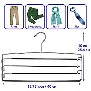 USTECH 4 Tier Swing Arm Pants Hanger | Space Saving Clothing Hangers with Foam Padding and Removable Arms | Alloy Steel Construction for Durability | Hook with Capped Ends for Added Safety | Pack of 2