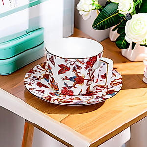 LanHong 8.5 Ounces Tea Cup and Saucer Set Floral Tea Coffee Cup with Saucer Bone China Teacup and Saucer Set Gift for Mom Friend Tea Party (Red)