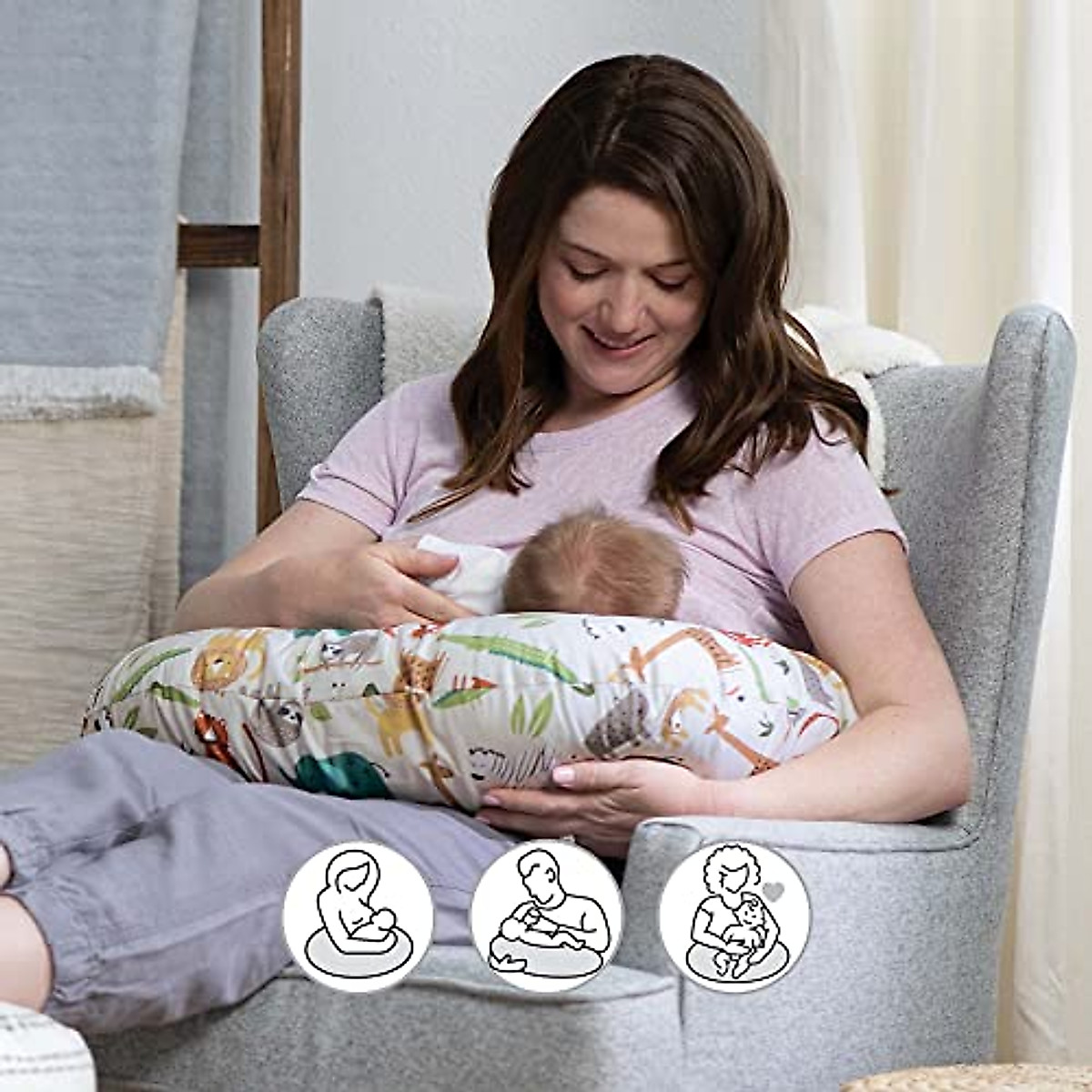 Boppy Original Support Nursing Pillow, Neutral Jungle, Ergonomic Breastfeeding, Bottle Feeding, and Bonding, Firm Hypoallergenic Fiber Fill, Removable Cover, Machine Washable