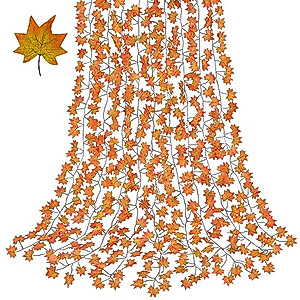 CQURE 14 Pack 98Ft Fall Leaf Garland, Hanging Vines Garland Artificial Fall Maple Leaves Garland Thanksgiving Decor for Home Wedding Fireplace Party （Orange Green）