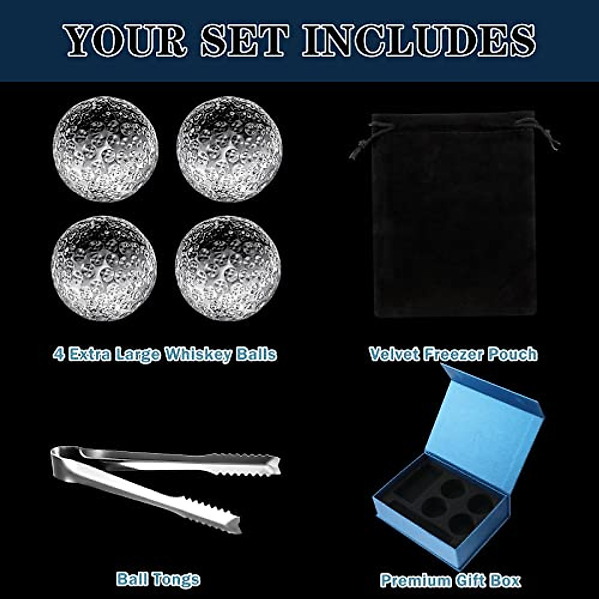 Golf Ball Whiskey Chillers Gift Set for Father's Day Includes 4 Pcs Glass Golf Ball Whiskey rocks and Stainless Steel Tongs Storage Pouch Gift Box with Cotton Lining for Husband Dad Boyfriend
