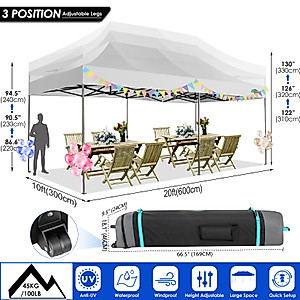 COBIZI 10x20 Canopy with Sidewalls, Heavy duty Party Tent Pop up carpas para fiestas, Tents for Parties, wedding, Outdoor Ez up Foldable Portable Canopy Tent with Wheeled Bag, White(Windproof Upgrade)