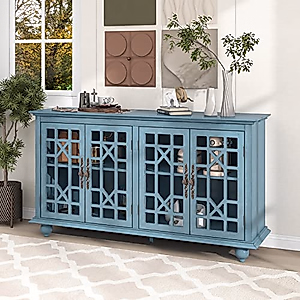 60" Modern Kitchen Cabinet Sideboard, Wood Buffet Server Cupboard Cabinet with 4 Doors and Metal Handles Entryway Cabinet Console Table with Adjustable Shelves for Living Room, Dining Room, Teal Blue