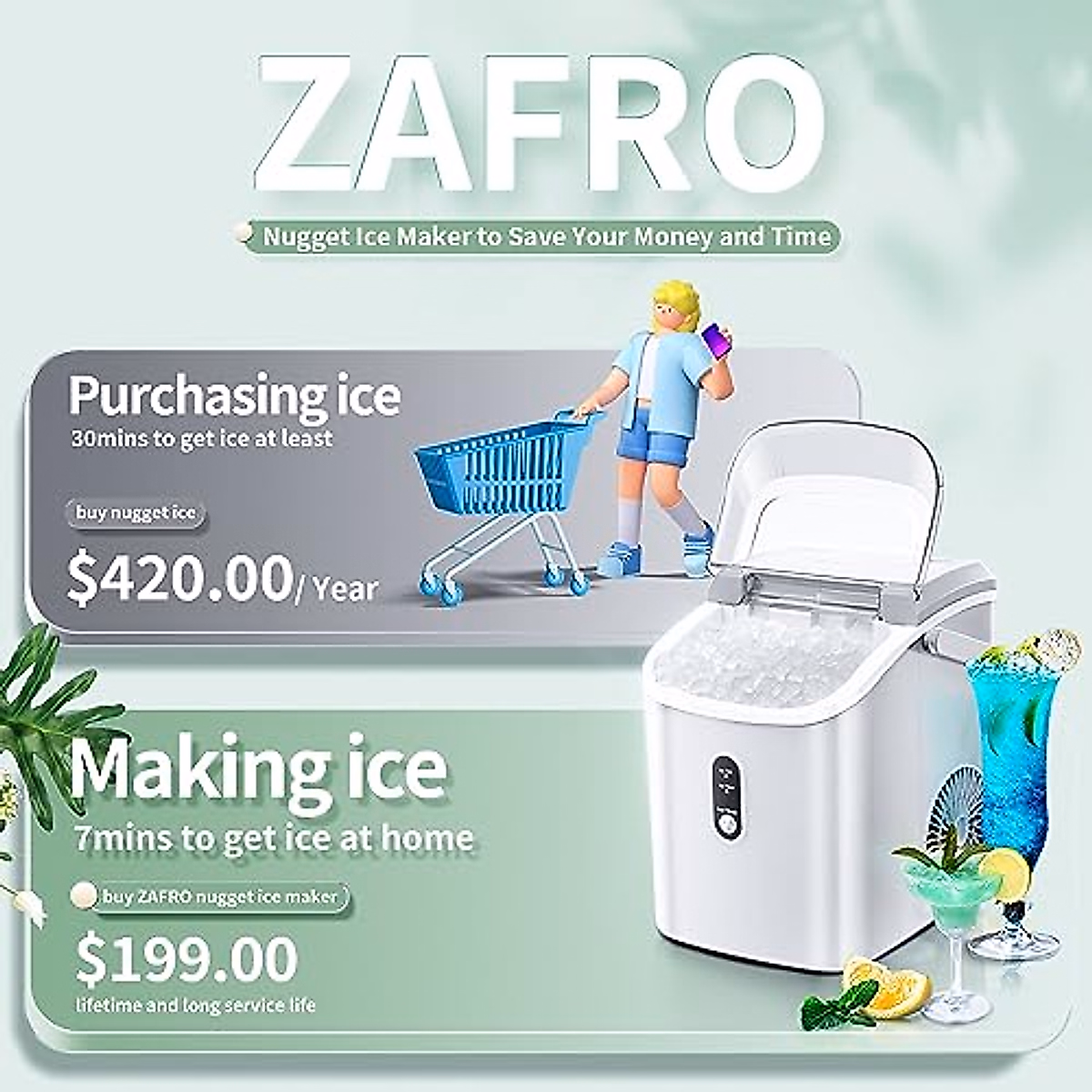 ZAFRO Nugget Ice Maker Countertop, Pebble Ice Maker Machine with Self-Cleaning, 35Lbs/24H, Pellet Ice Maker with Ice Basket/Ice Scoop/Ice Bag for Home/Office/Bar/Party, White