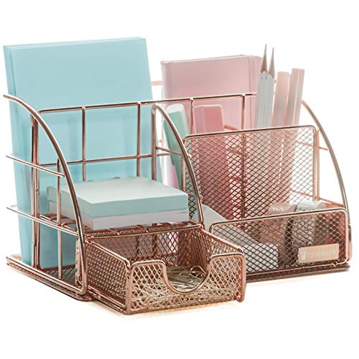 rosework Rose Gold Desk Organizer for Women, Mesh Office Supplies Desk Accessories, Features 5 Compartments + 1 Mini Sliding Drawer