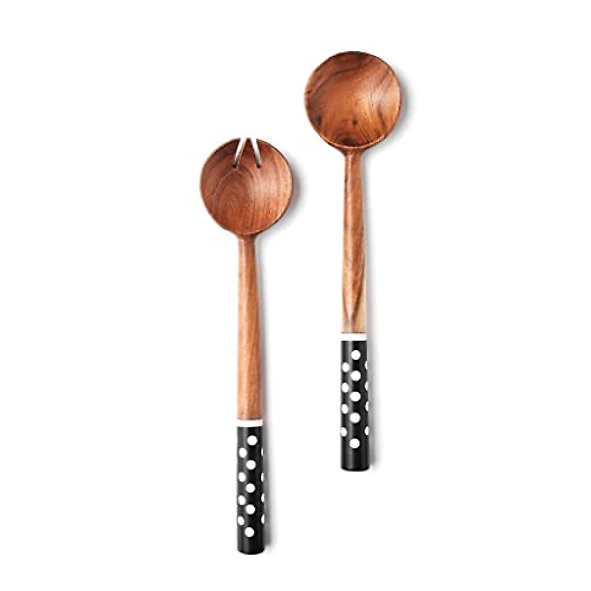 YoTreasure Tiramisu Black & White Dotted Resin Wood Salad Server Set | Wooden Utensils for Serving Salad, Spoon and Fork Set for Modern Kitchen