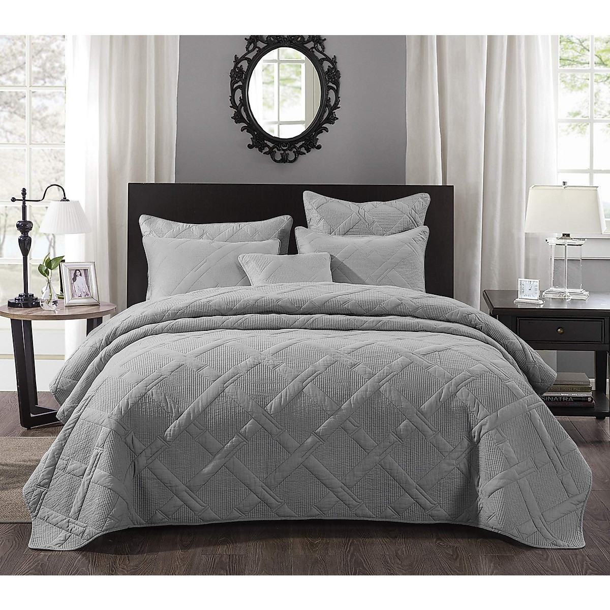 Tache Solid Light Grey Silver Soothing Pastel Soft Cotton Geometric Diamond Stitch Pattern Lightweight Quilted Bedspread 3 Piece Set, King