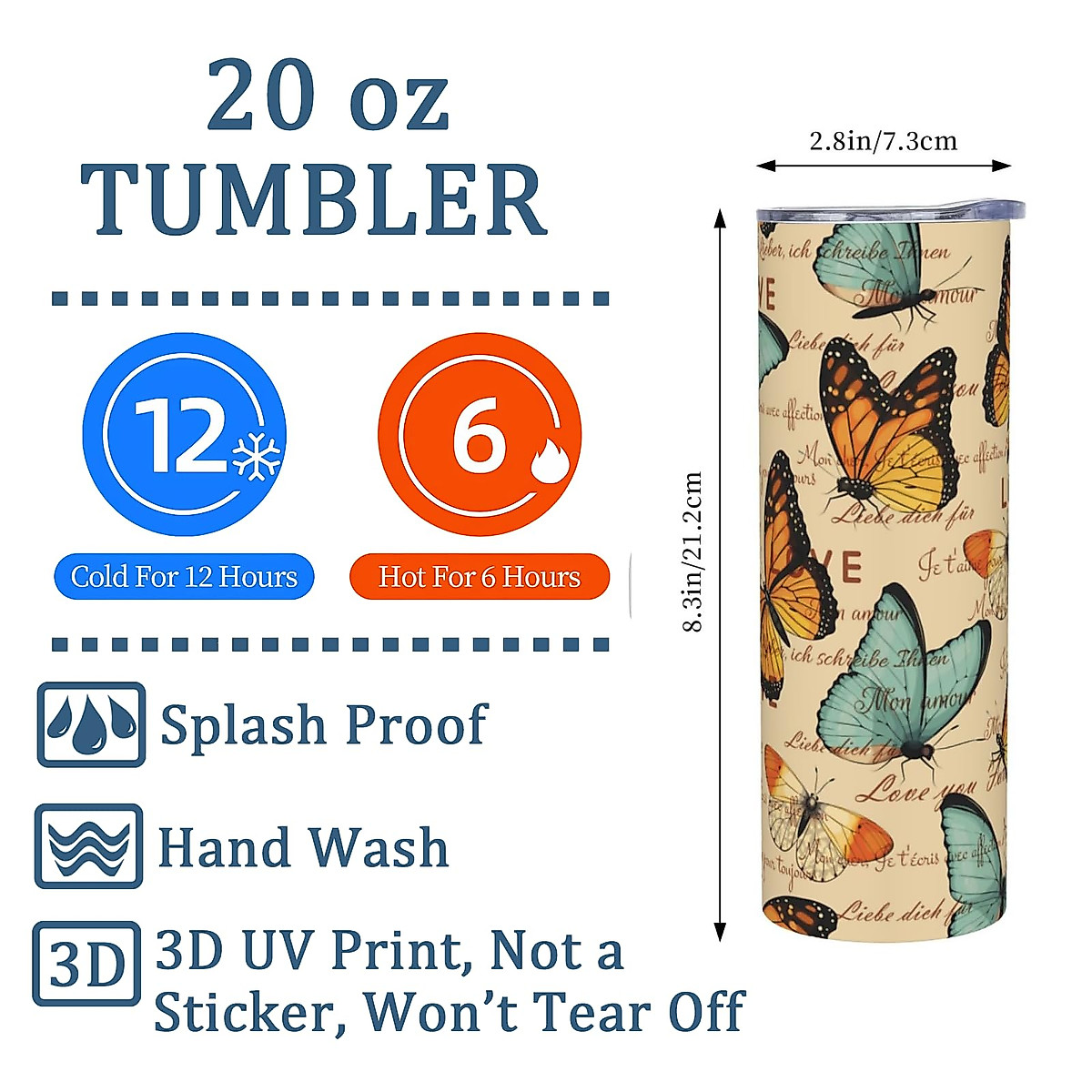 Srucddu Romantic Butterfly 20oz Insulated Tumbler With Lid And Straw, 3d Print Vacuum Travel Coffee Mug Stainless Steel Coffee Tumbler Cup Butterfly Tumbler Butterfly Gifts for Women