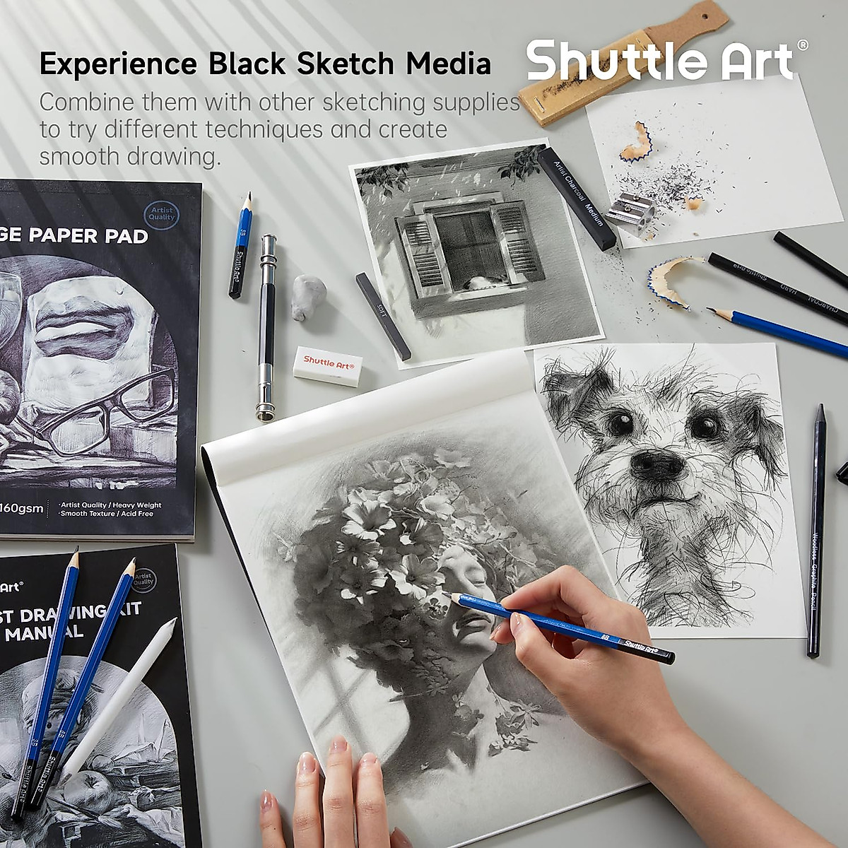 124 PCS Drawing Kit, Shuttle Art Professional Drawing Supplies with Sketch, Charcoal, Colored, Graphite, Pastel Pencils & Sticks, Complete Drawing Tools and Paper Pads in Zipper Case for Artists& Kids