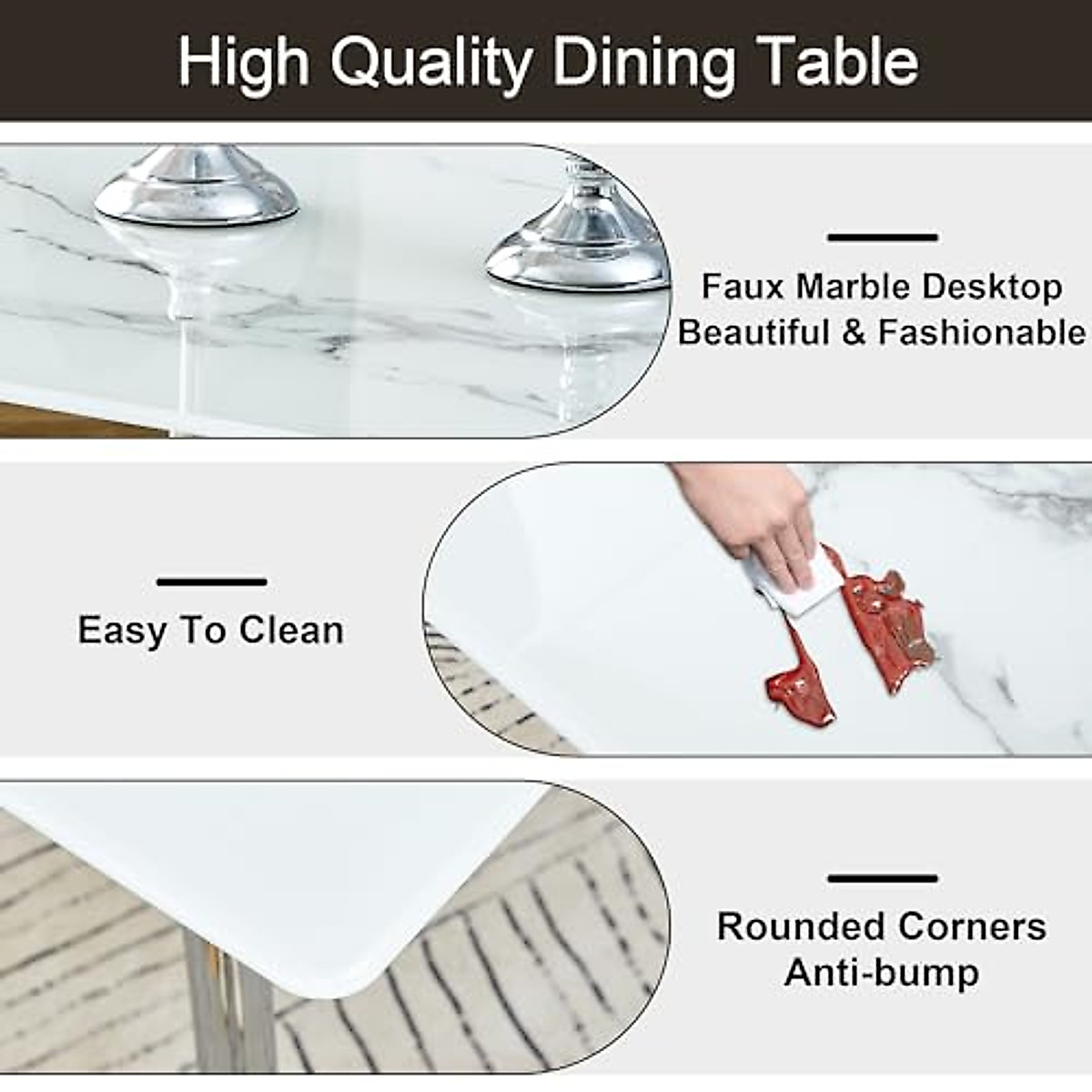 TesNus 50 inch Marble Dining Table, Modern Rectangular Faux Marble Dining Table with Black Metal Legs for Kitchen Dining Living Room (White-a)