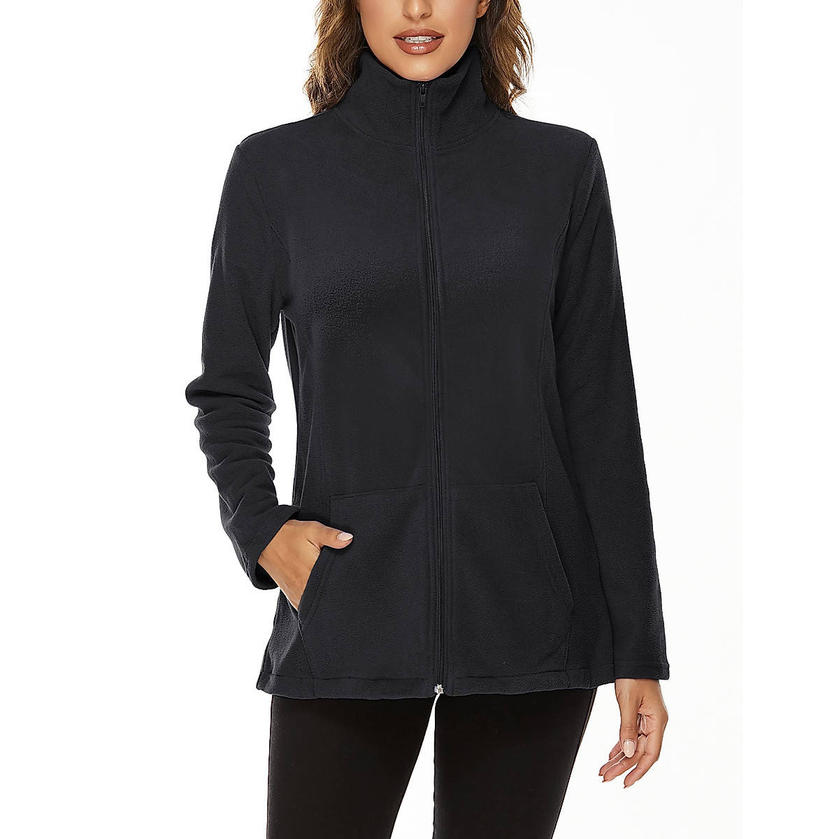 Hibelle Zip Up Jacket, Women Fleece Coats XXL Lightweight Thin Athletic Plus Size Long Sleeve Zipped Tops for Fall Winter Stylish Fashion Comfy Attires Black 2XL