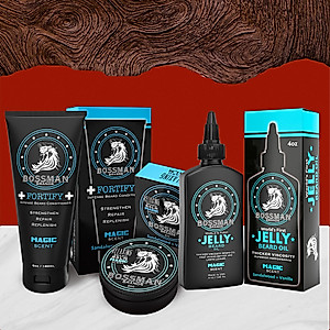 Bossman Essentials Beard Kit for Men - Beard Oil Jelly, Fortifying Conditioner Cream, Beard Balm - Grooming Growth Care Accessories (Magic)