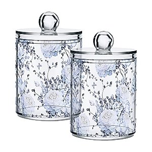 xigua 2 Pack Light Blue Flowers Apothecary Jars with Lid, Qtip Holder Storage Containers for Cotton Ball, Swabs, Pads, Clear Plastic Canisters for Bathroom Vanity Organization (10 Oz)