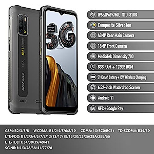 Ulefone Armor 12 5G Rugged Unlocked Android Smartphone, 8GB+128GB, 48MP Quad Rear Camera, IP68/IP69K, 5180mAh, 6.52” HD+, Dual SIM Dual 5G, Compass, GPS, Fingerprint, Rugged Cell Phone (Grey)