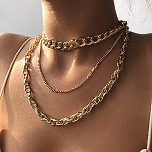 JWICOS Gold Miami Cuban Link Chain for Women and Girls Chunky Chain Necklace with Three Layer Boho Bohemia Choker (Gold)