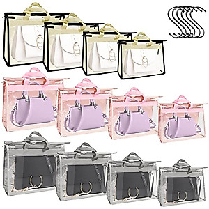 12 Pack Dust Bags for Handbags,Clear Handbag Storage Organizer with 12 Hooks Purse Dust Cover Storage Bag 4 Sizes Handbag Protector Bag for Closet (Gray+Pink+Yellow)