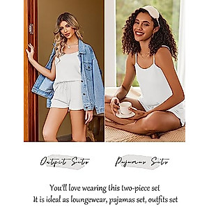 Ekouaer Soft Pajamas for Women Comfort Waffle Knit Cami Pj Set,White,Small