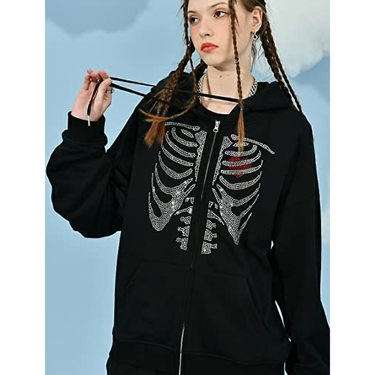 Women's Y2K Rhinestone Skull Hoodie Zip Up Oversized Casual Drawstring Hoodie E-Girl 90s Streetwear Jacket Tracksuit(G-black,S）