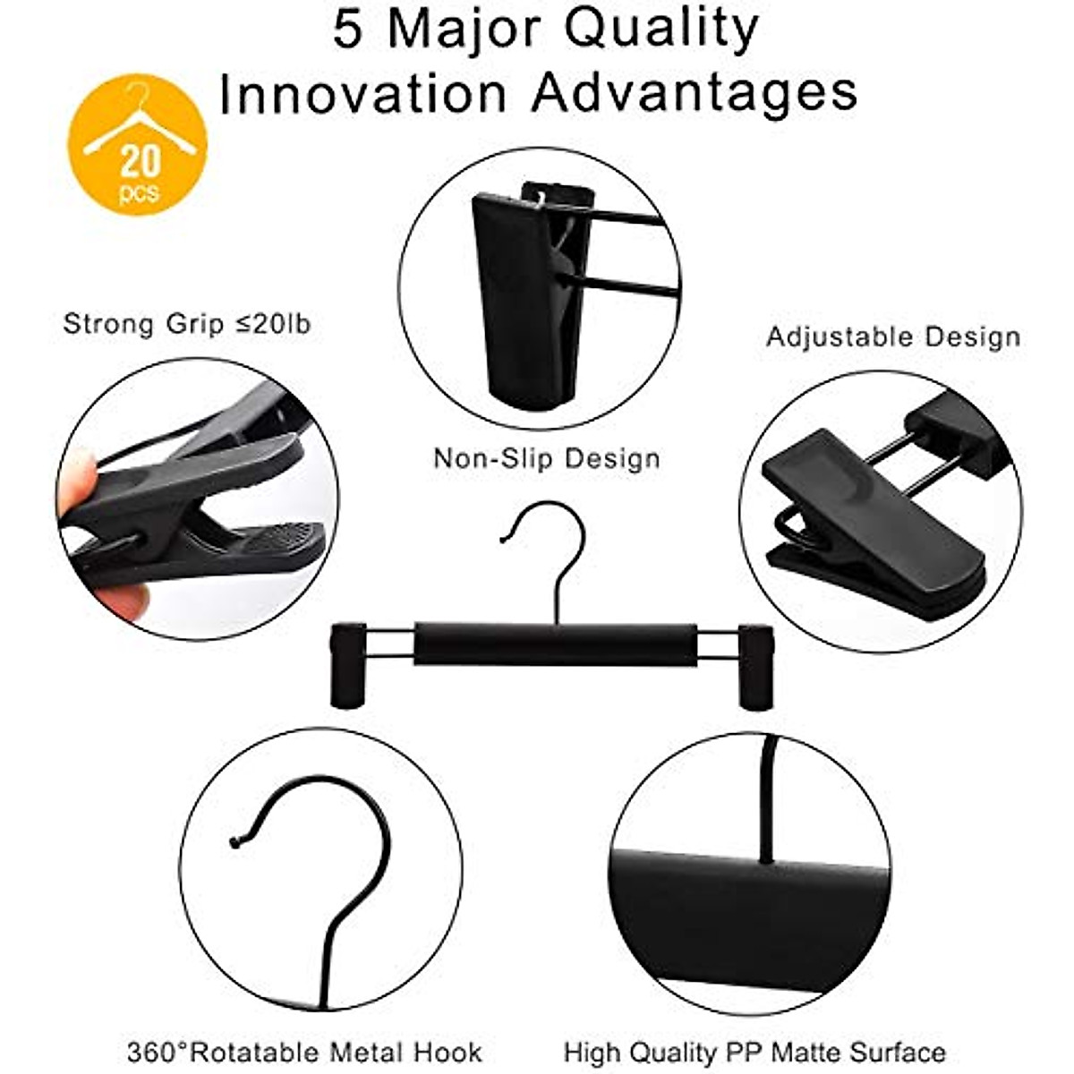 Pants Hangers Skirt Hangers,20 Packs Black Plastic Dress Trousers Hanger with Non-Slip Big Clips and 360 Rotatable Hook