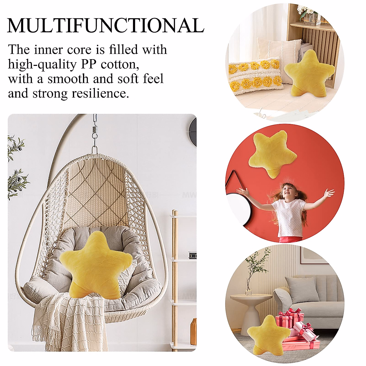 AUCOOMA Star Plush Pillow, Star Shape Stuffed Toy Soft for Kids Yellow 15.7 Inch