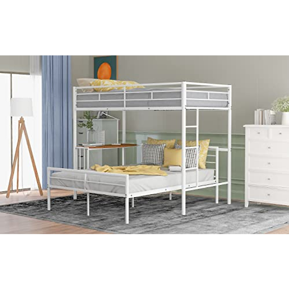 Tidyard Twin Over Full Metal Bunk Bed with Desk, Ladder and Quality Slats for Bedroom, Metallic White for Bedroom Dorm Guest Room Home Furniture