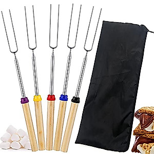 Marshmallow Roasting Sticks Wooden Handle YQBOOM 5Pcs Extendable Smores Sticks Stainless Steel Telescoping Smores Skewers for Fire Pit Kit for Campfire BBQ Multicolor