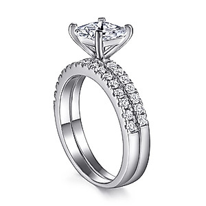 Princess Cut Wedding Ring Sets for Women Bridal Sets Engagement Ring Set with 1-1/2 Carat(ctw) Moissanite 925 Sterling Silver 10K 14K 18K Gold Free Engraving (925 Sterling Silver)