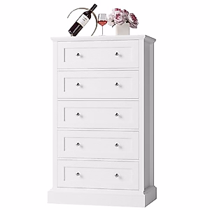 FACBOTALL 5 Drawer Dresser, 47.2" Tall White Dresser with 5 Drawers, Chest of Drawers Cabinet Wood Dresser for Hallway Living Room