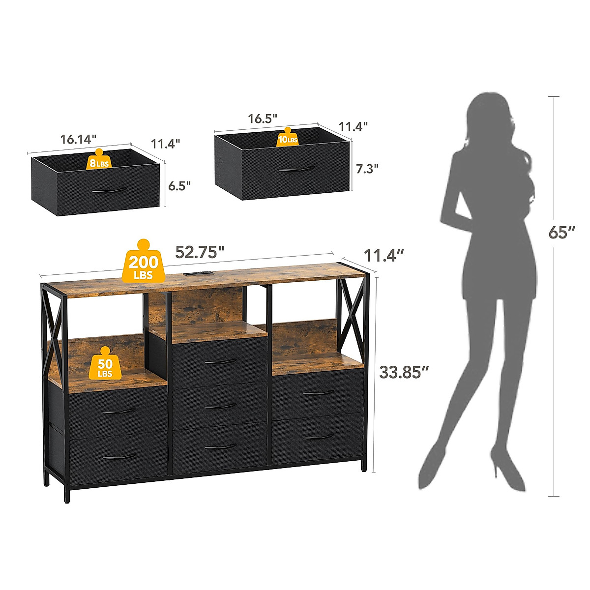Black Dresser for Bedroom, 53" Dresser TV Stand with LED Light and Power Outlets, 7 Drawers Dressers, Fabric Chest of Drawers with Open Shelf, Large Dressers for Bedroom, Living Room