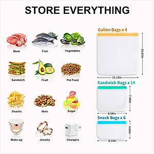 Reusable Food Storage Bags, 8 Pack Reusable Freezer Bags, 4 Leakproof Reusable Sandwich Bags, 4 Reusable Snack Bags, Silicone and Plastic Free Reusable Ziplock Bags for Veggies Fruit Meat Lunch