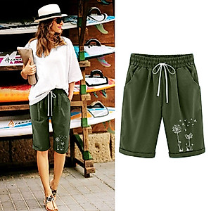 Flowy Shorts for Women Summer Bermuda Shorts for Women High Waisted Cotton Linen Elastic Drawstring Summer Shorts Casual Loose Fit Dandelion Print Army Green 2X