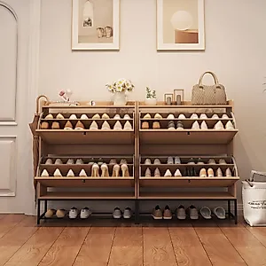 AVZEAR Freestanding Shoe Cabinet with 2 Flip Drawers - Modern Narrow Organizer for Hallway, Bedroom, and Entryway (Natural)