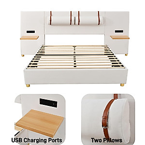 Merax Queen Size Upholstered Platform Bed, Modern Bedframe with Two Outlets and USB Charging Ports on Both Sides, Two Bedside Pillows, Storage Shelves, Beige