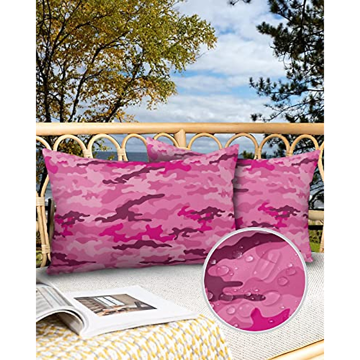 Funnywall88 Waterproof Throw Pillow Covers Set of 2 Camouflage Netting Camo Pink Couch Pillow Cases Outdoor Sofa Cushion Cover Home Decor for Bed Living Room, 20" x 12"