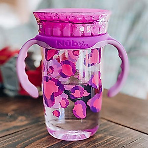 Nuby 360 Edge 2 Stage Drinking Rim Cup with Removable Handles & hygienic Cover: 10 Oz/ 300 Ml, 12M+, Leopard, Purple (80810)