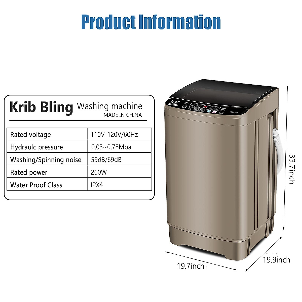 Full-Automatic Washing Machine 15.6lbs, Krib Bling Portable Compact Laundry Washer with Drain Pump, 10 Wash Programs 8 Water Levels with LED Display