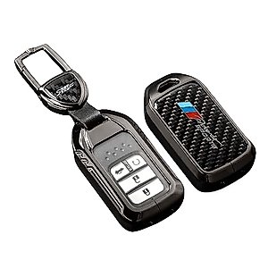 Real Carbon Fiber Key Fob Cover, Zinc Alloy Key Cover,Keychain Key Fob Case Compatible with Honda Accord Civic CRV Pilot Ridgeline Odyssey Passport (TpyeB-Black)