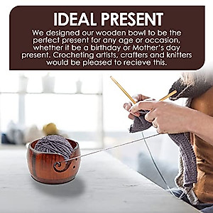 CraftGoals Retro Wooden Yarn Bowl Holder Round Lid, Handmade Storage with Carved Holes 2 Bamboo Crochet & Travel Bag Accessories for Knitting, Crocheting, Crafts, Home Decor Sewing-15x8cm, Brown