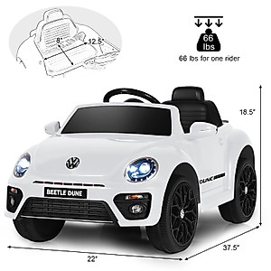Costzon Ride on Car, 12V Licensed Volkswagen Beetle Battery Powered Vehicle w/Remote Control, Spring Suspension, Lights, USB, Horn, Music, 4 Wheeler for Boy Girl Gift, Electric Car for Kids, White