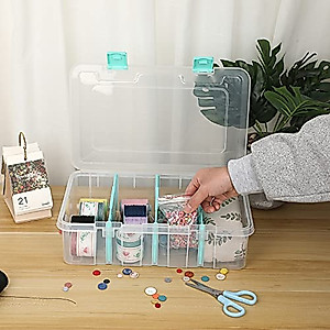 BTSKY Clear Plastic Dividing Storage Box with 4 Compartments Adjustable Storage Bin with Lid Plastic Craft Storage Container Multipurpose Sewing Box Art Supply Organizer, 13.3x8.1x3.4 Inches