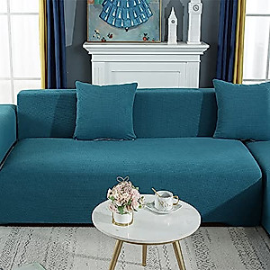 TVPFM Velvet Plush L Shape Sofa Cover L Shape Sectional Couch Cover,1 2 3 4 5 Seater Stretch Sofa Slipcover for Pets Dogs Furniture Protector with Elastic Bottom-Lake Blue 4 Seater 235-30