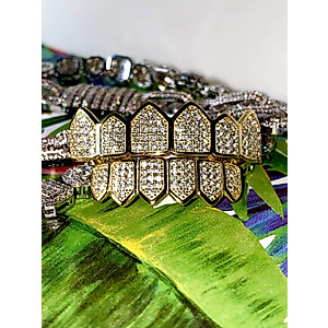 14k Joker Gold Grillz for Mouth Top Bottom Hip Hop Teeth Grills for Mouth Grillz for Mouth Top Bottom Hip Hop 8 Teeth Grills for Teeth Mouth Set - Teeth Cap, Iced Grillz 6 Teeth Top & Bottom Set