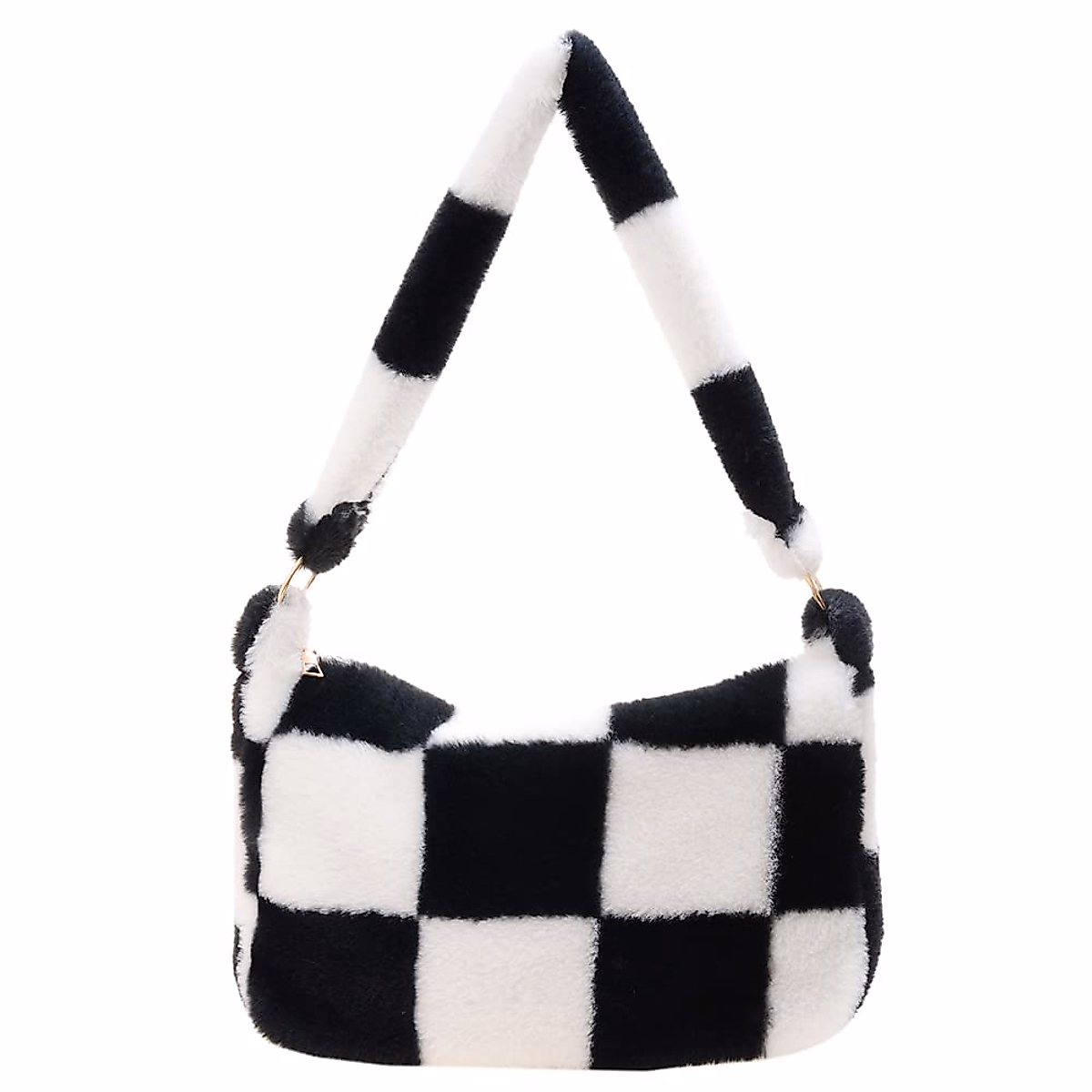 JQWSVE Fluffy Tote Bag Furry Shoulder Bag for Women Black and White Checkered Bag Large Plush Bag Fluffy Purse for Autumn and Winter