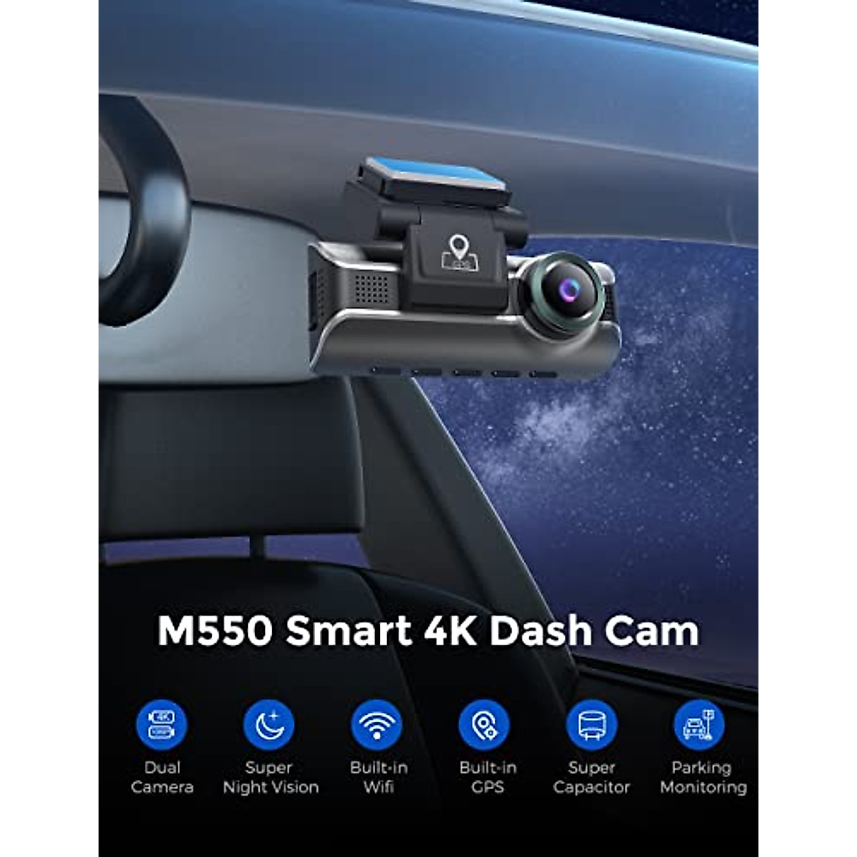 AZDOME 4K Dual Dash Cam Built-in WiFi GPS Front 4K/2.5K and Rear 1080P, with 64GB Card, Dual Dash Camera for Cars, 3.19" Display, Dashboard Camera Recorder Capacitor, Parking Mode, Support 256GB Max