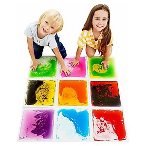 Special Supplies Square Floor Liquid Tiles for Kids, Set of 9, Colorful Early Learning Sensory Activity Mats for Toddlers and Children, Anti-Slip Backing for Active Play, Dance, and Games