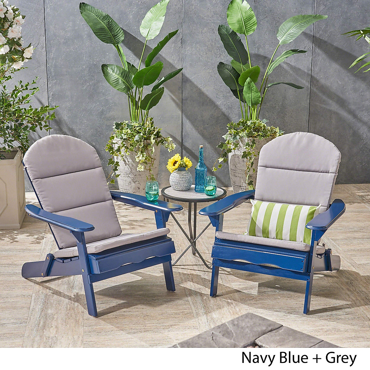 Christopher Knight Home 304628 Ocean Outdoor Acacia Wood Folding Adirondack Chairs with Cushions (Set of 2), Navy Blue and Gray