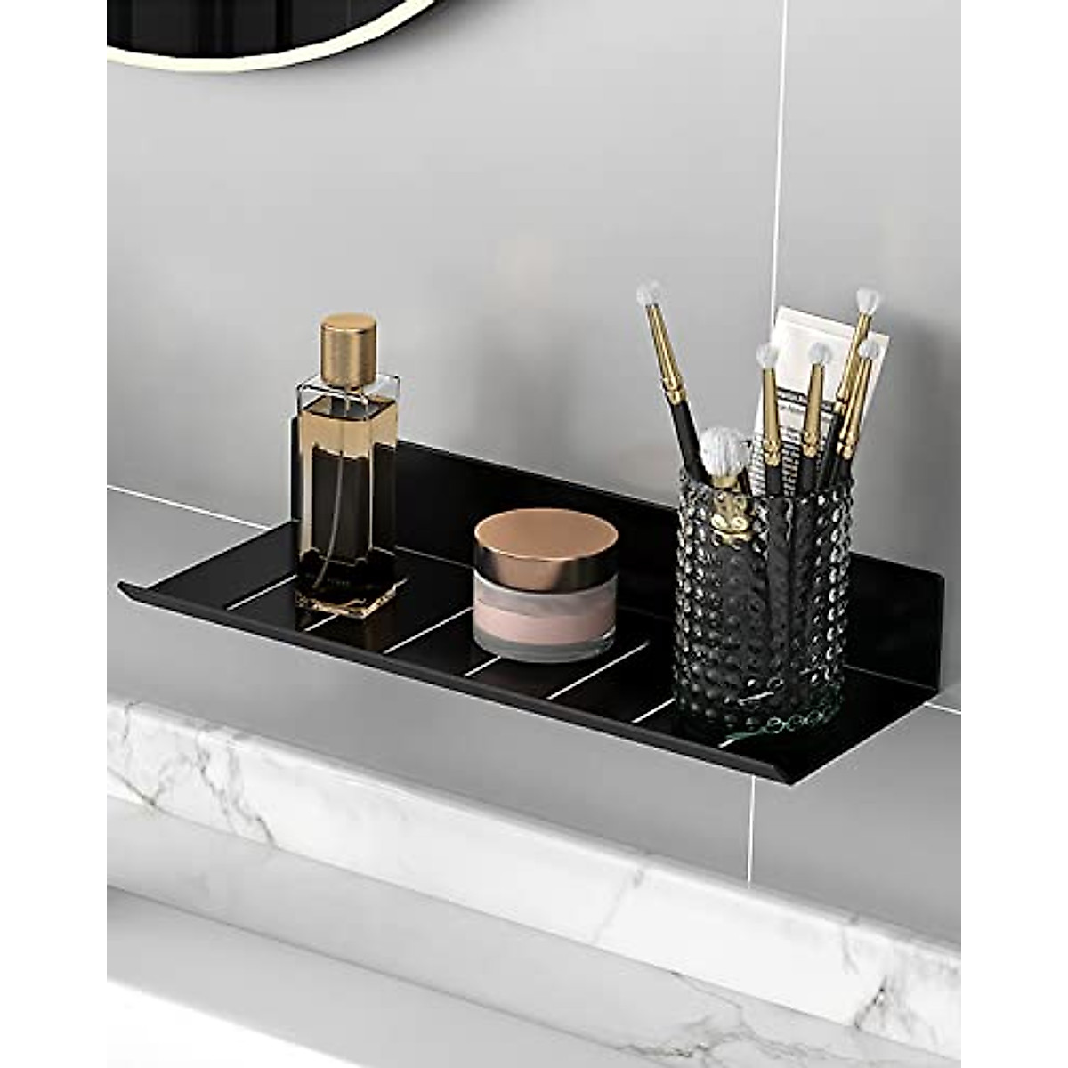 Amythe Floating Wall Shelf, Floating Shelves Wall Mounted for Bathroom/Kitchen/Laundry Room/Over-The-Toilet Storage, No Drilling Rustproof Space Aluminum Bathroom Shelf, Black, 11.8 inches