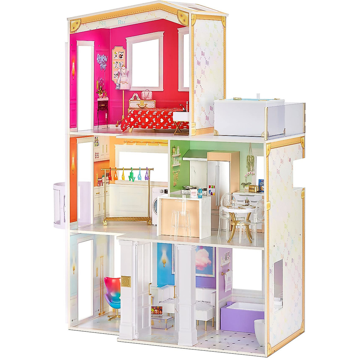 Rainbow High House – 3-Story Wood Doll House (4-Ft Tall & 3-Ft Wide), Fully Furnished Fashion Dollhouse, Working Hot Tub, Shower, Elevator, 50+ Accessories, Gift Toy for Kids Ages 6 7 8+ to 12 Years