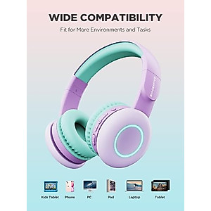 BIGGERFIVE Kids Wireless Bluetooth Headphones with 7 Colorful LED Lights, 50H Playtime, Microphone, 85dB/94dB Volume Limited, Foldable On Ear Kids Headphones for School/Girls/Fire Tablet, Purple