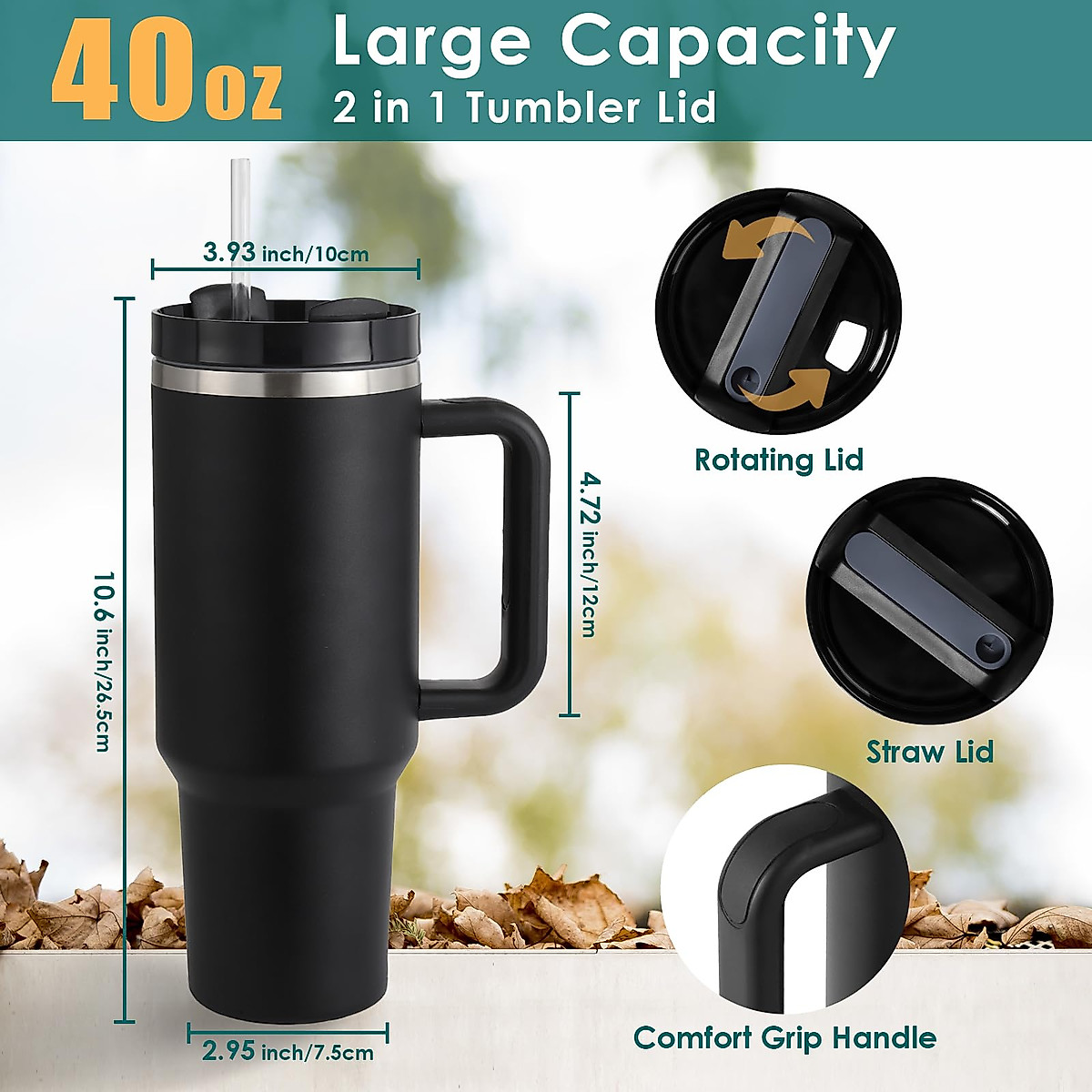 PIMDIR 40oz Tumbler with Handle Straw Lid, Stainless Steel Vacuum Insulated Reusable Travel Mug Keep Drinks Cold Ice Gym Cup, Gifts for Women Men Lovers, Car Holder Friendly, Black